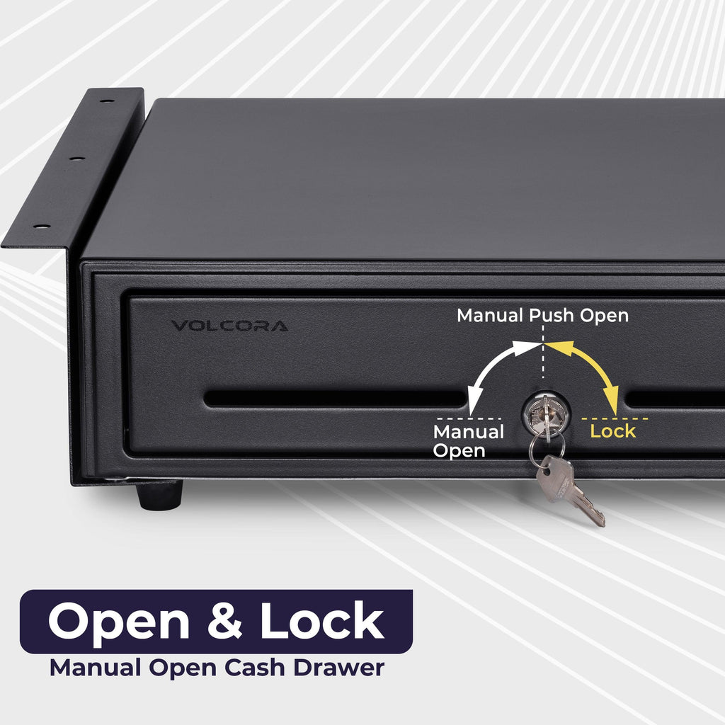 16" Manual Push Open Cash Register Drawer, Black, 5 Bills/8 Coin – Volcora